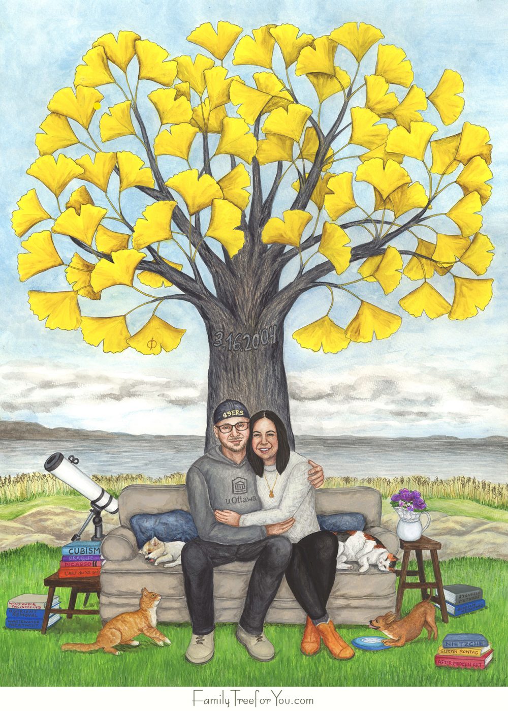 And a Phi in a Ginkgo tree – Hand-Painted Family Tree Art